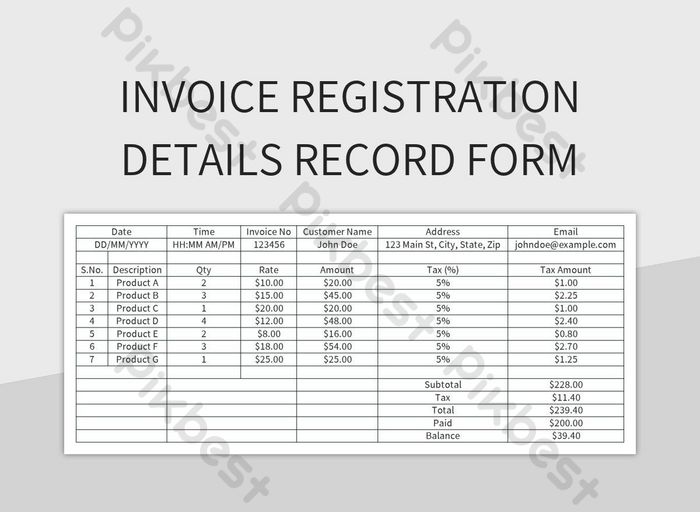Improving Accuracy: Invoice Registration Details Form For Record-Keeping Excel | Template Free ...