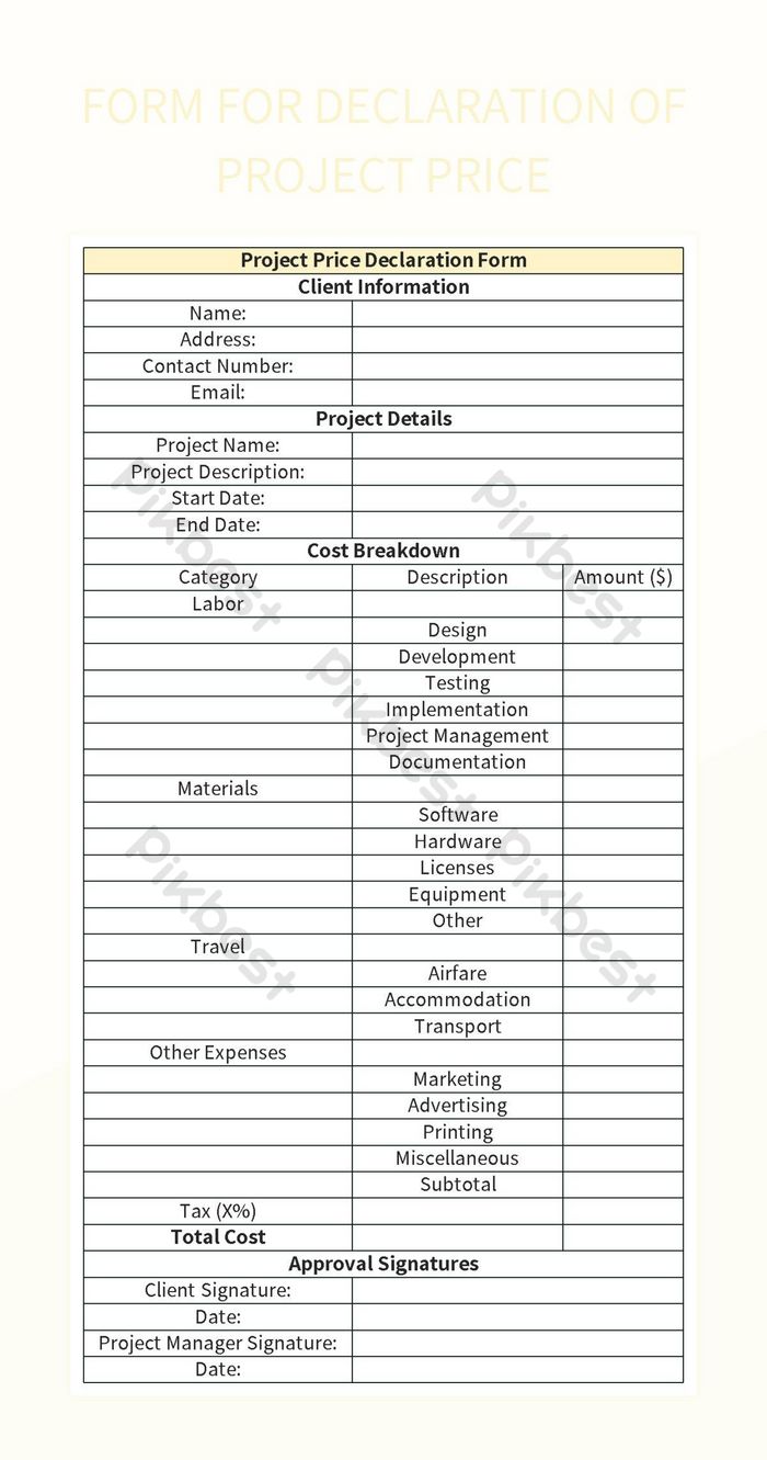 "Optimize Your Title Tag For A Project Price Declaration Form" Excel | Template Free Download ...