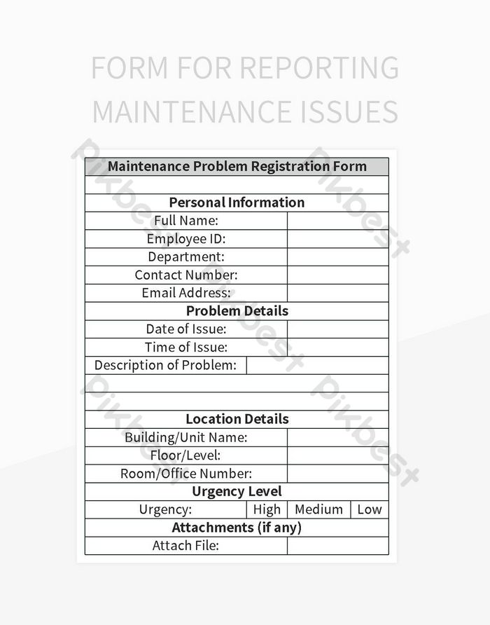 "Efficient Form For Reporting Maintenance Problems" Excel | Template Free Download - Pikbest