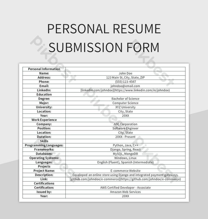 "Optimize Your Job Application With Our Personal Resume Submission Form" Excel | Template Free ...