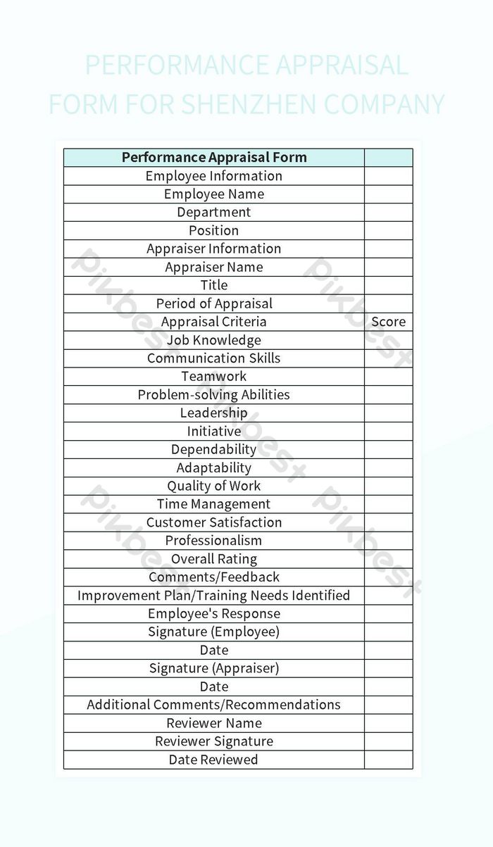 Shenzhen Company's Performance Appraisal Form: Optimizing Employee Evaluation Excel | Template ...