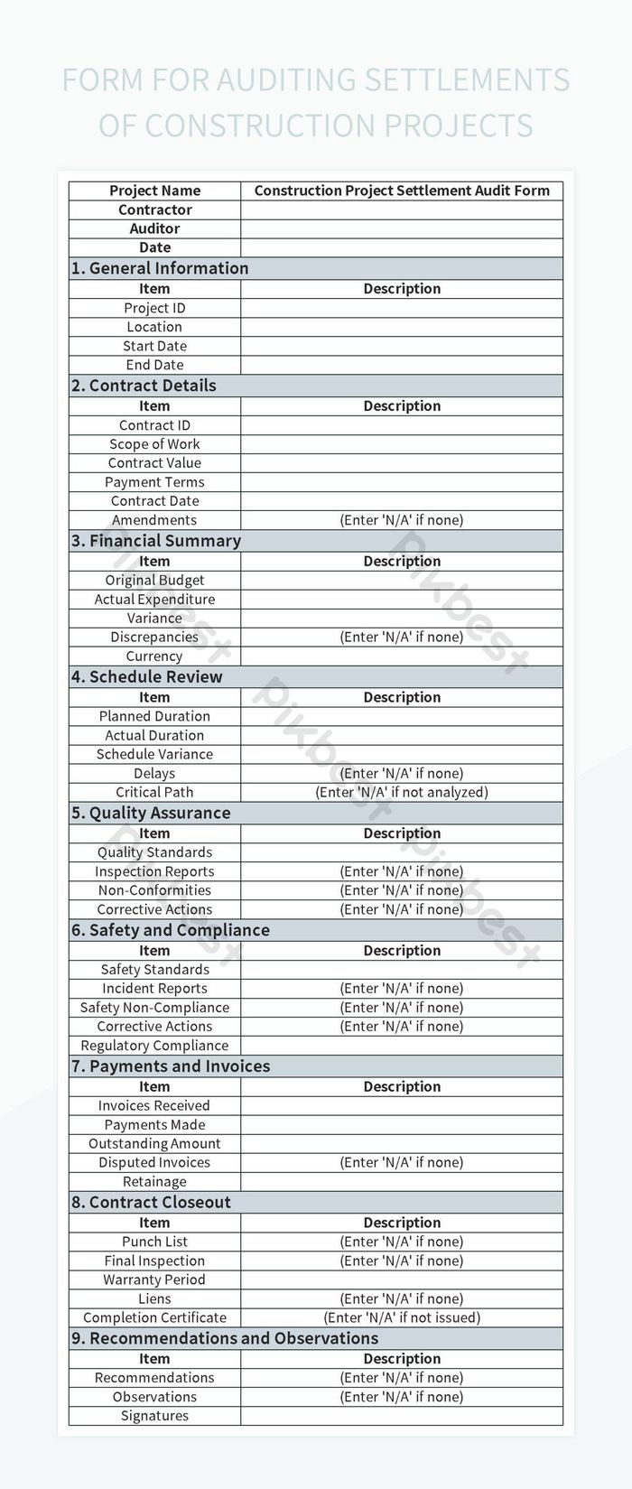 "Optimizing Construction Project Settlement Audits With This Form" Excel | Template Free ...