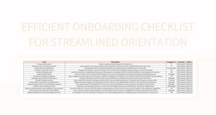 Efficient Onboarding Checklist For Streamlined Orientation Excel Template Free Download Pikbest