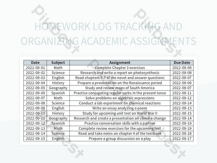 Homework Log Tracking And Organizing Academic Assignments Excel | Template Free Download - Pikbest
