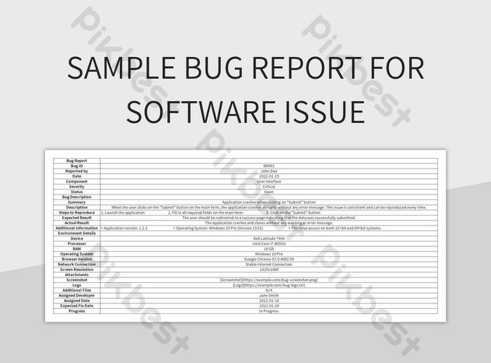 Example Bug Report Template For Software Malfunction Excel Template Free Download Pikbest