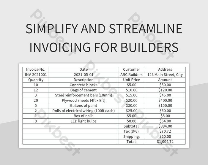 Simplify And Streamline Invoicing For Builders Excel | Template Free Download - Pikbest