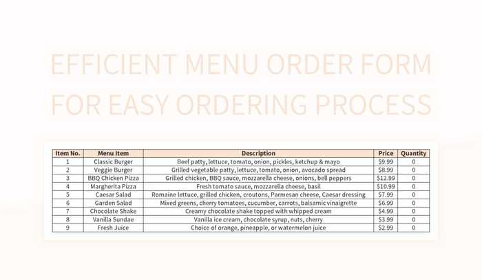 Efficient Menu Order Form For Easy Ordering Process Excel Template Free Download Pikbest