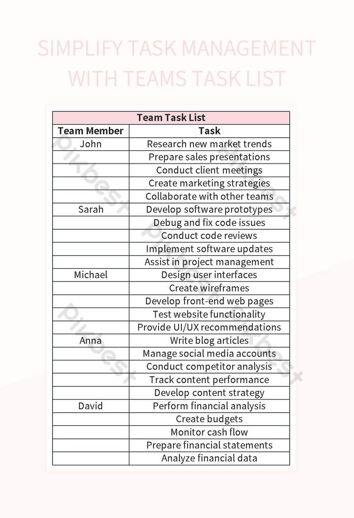 Simplify Task Management With Teams List Excel Template Free Download Pikbest