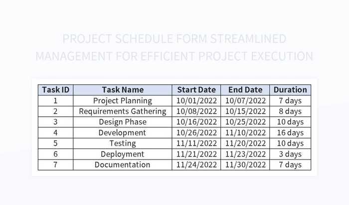 Project Schedule Form Streamlined Management For Efficient Execution Excel | Template Free ...