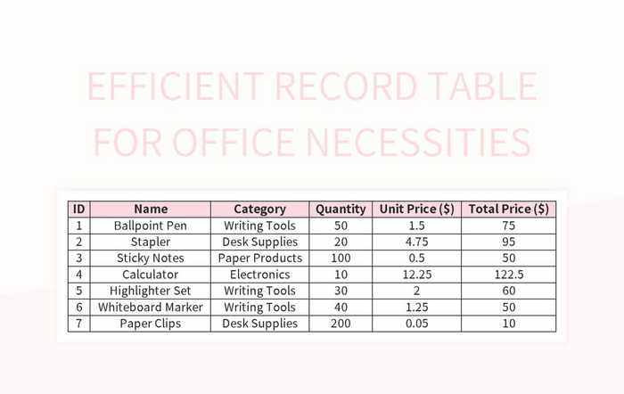 Efficient Record Table For Office Necessities Excel | Template Free Download - Pikbest