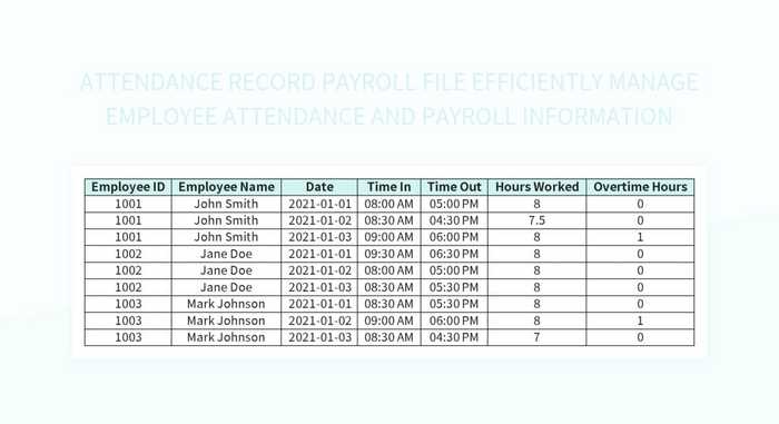 Attendance Record Payroll File Efficiently Manage Employee And Information Excel | Template Free ...