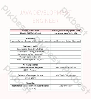 Java Engineer General Resume Excel | Template Free Download - Pikbest