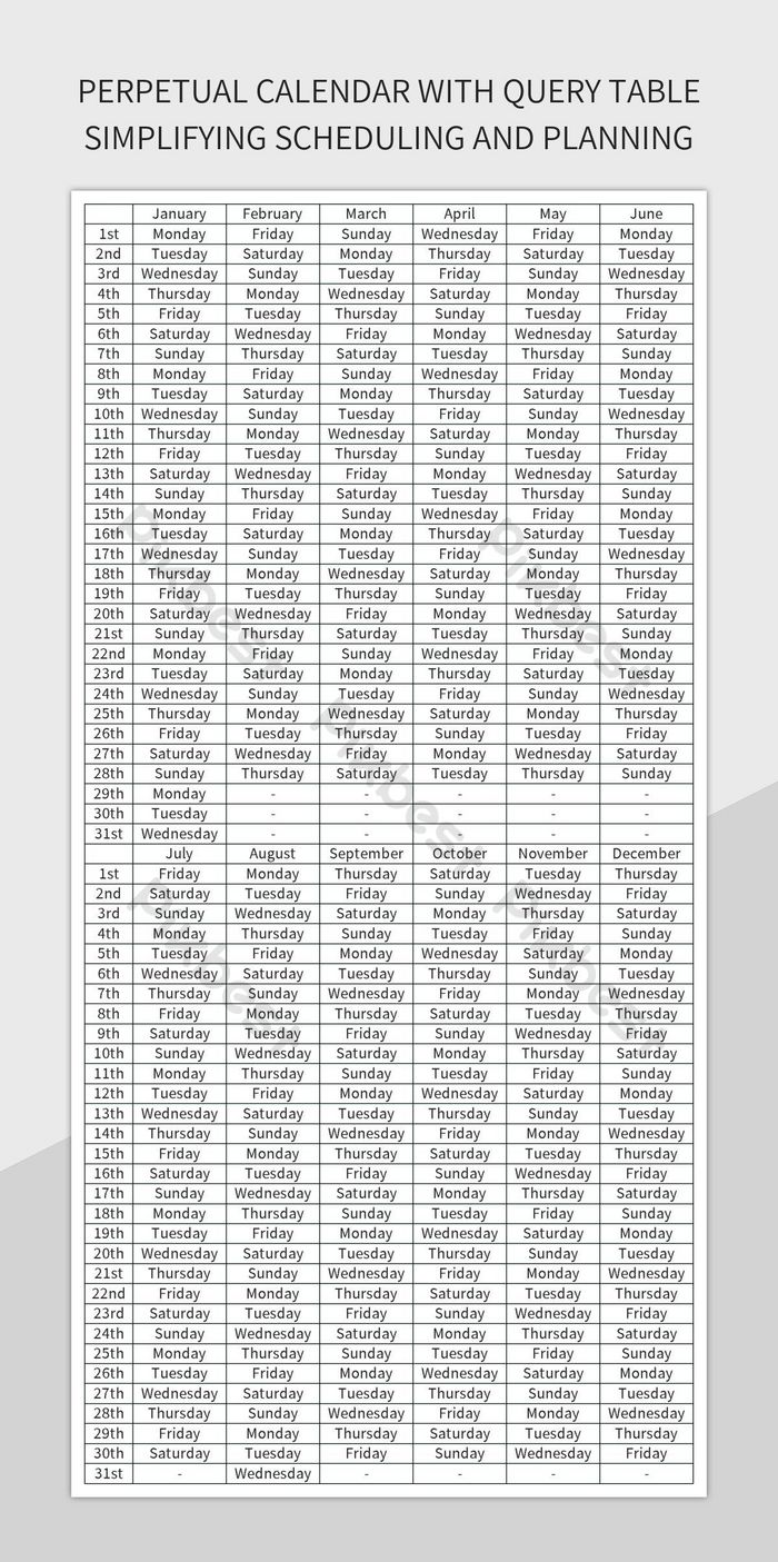 Perpetual Calendar With Query Table Simplifying Scheduling And Planning Excel | Template Free ...