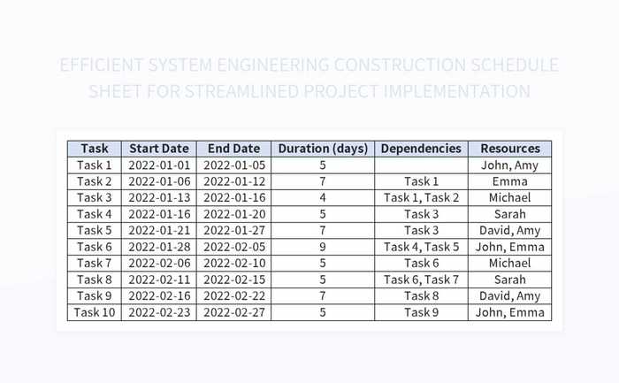 Efficient System Engineering Construction Schedule Sheet For Streamlined Project Implementation
