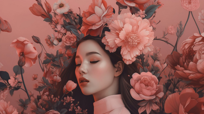Around Chinese Woman In Digital Art With Pink Flowers Backgrounds | JPG Free Download - Pikbest
