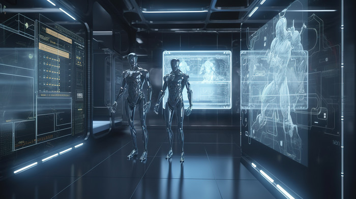 Server Room With 3d Rendered Robot Displaying Hud Graphics Backgrounds | PSD Free Download - Pikbest