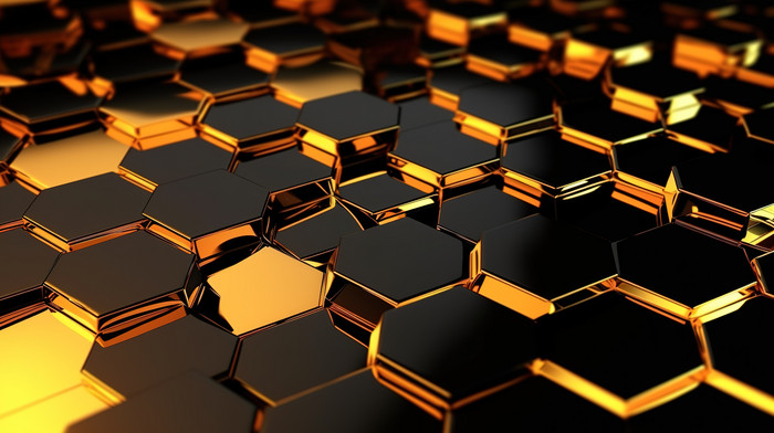 Black Low Poly Hexagonal Surface With A Golden Luminous Grid An Abstract Futuristic Image In ...