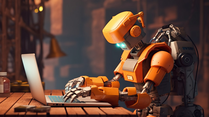 Computer Notebook 3d Rendering Robotic Worker Assisted By Automation Programmer Using ...