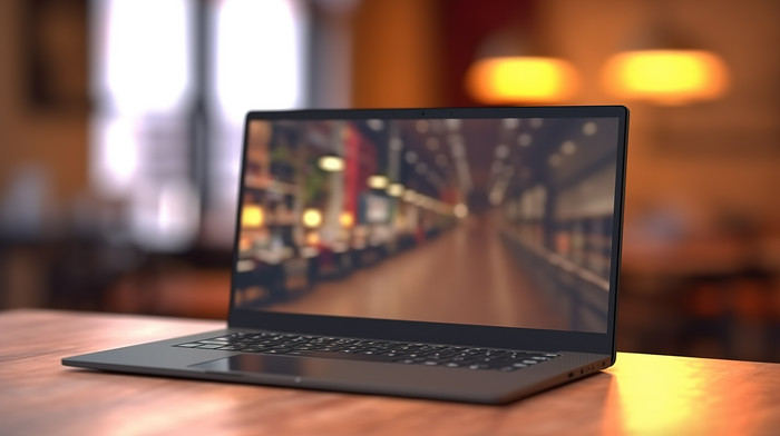 보케bokeh 밝은 배경에 대해 테이블 위에 놓인 빈 화면이 있는 노트북 컴퓨터 3d 렌더링 모형 배경 무료 다운로드 Pikbest