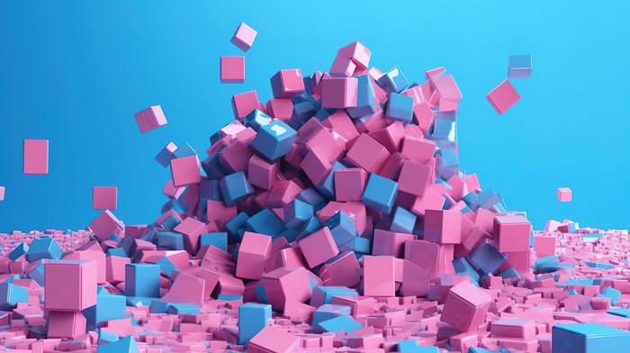 Abstract Cube 3d Render Of A Broken Pink Against Blue Background