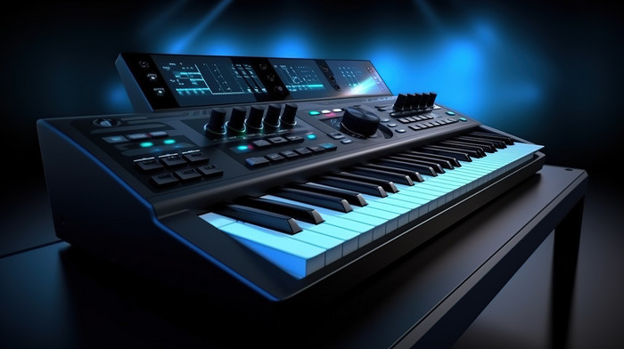 Electronic Synthesizers Dark Studio 3d Rendering Of Synthesizer Keyboard On The Floor ...