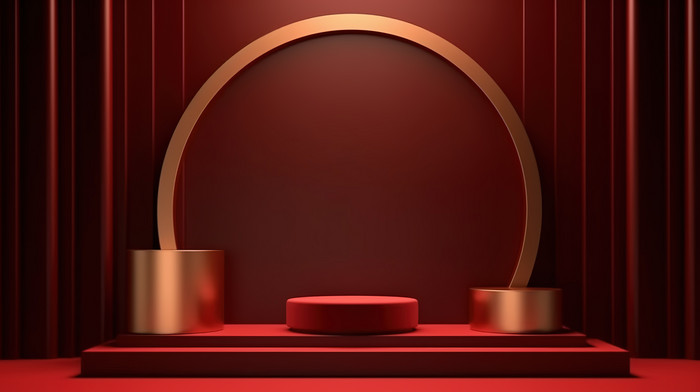 황금색 디스플레이 스탠드 진한 빨간색 연단에 고급스러운 3d 제품 선이 있는 최소한의 기하학적 디자인 배경 무료 다운로드 Pikbest