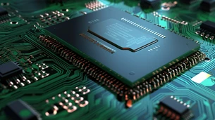 Depicting Microchip With Digital Binary Data Depicted In 3d Rendering Against Circuit Board ...