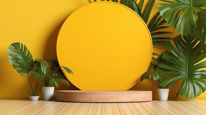 팜 리프 배경 여름 템플릿과 추상으로 장식된 나무 바닥에 노란색으로 현대적인 미니멀한 연단을 3d 렌더링 배경 Png 무료 다운로드 Pikbest